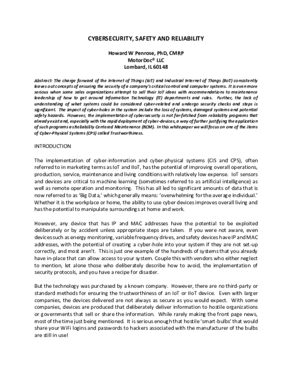 (PDF) Cybersecurity, Safety and Reliability