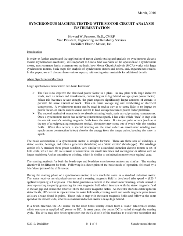 Pdf Synchronous Machine Testing With Motor Circuit Analysis