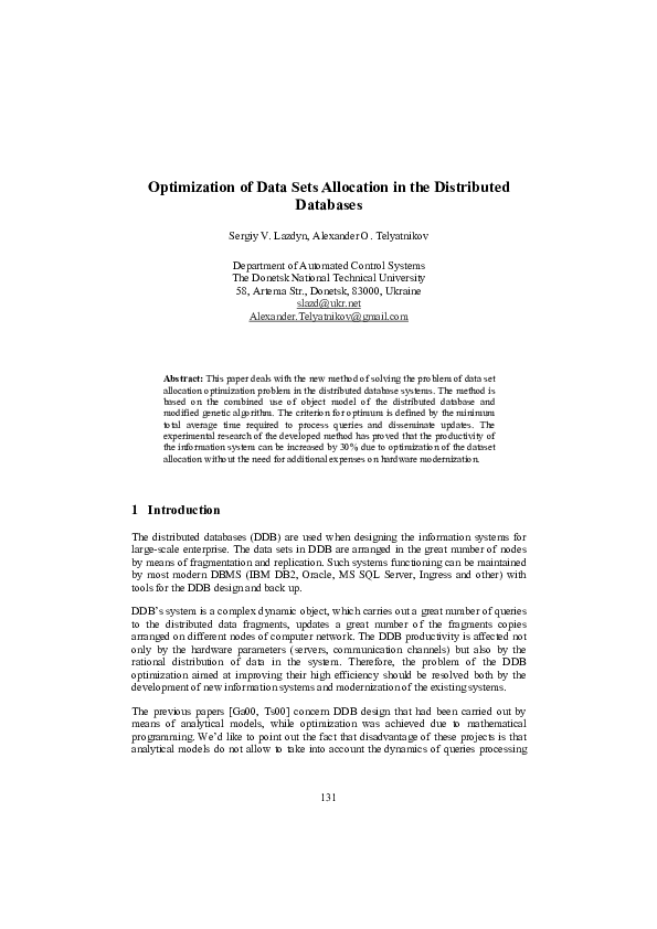 (PDF) Optimization of Data Sets Allocation in the Distributed Databases