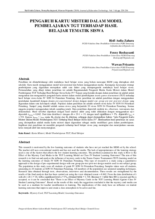 (PDF) Pengaruh Kartu Misteri Dalam Model Pembelajaran TGT Terhadap ...