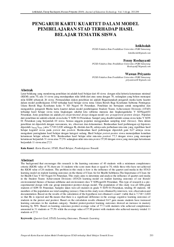 (PDF) Pengaruh Kartu Kuartet Dalam Model Pembelajaran Stad Terhadap Hasil Belajar Tematik Siswa