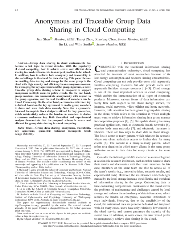 (PDF) Anonymous and Traceable Group Data Sharing in Cloud Computing