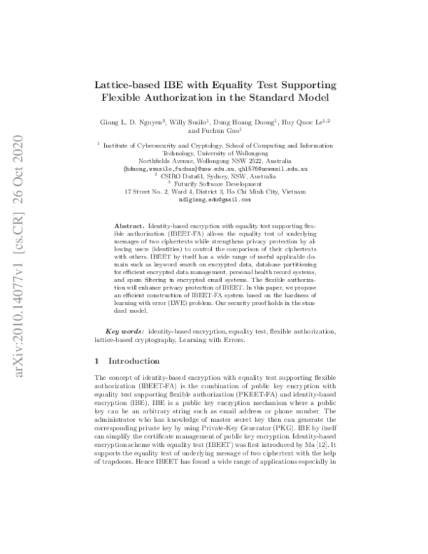 Pdf Lattice Based Ibe With Equality Test Supporting Flexible Authorization In The Standard Model 