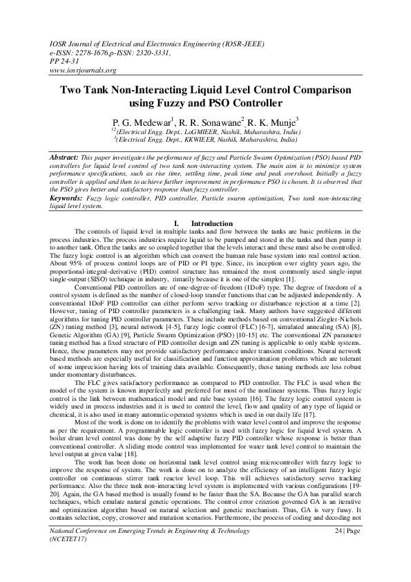Pdf Two Tank Non Interacting Liquid Level Control Comparison Using Fuzzy And Pso Controller