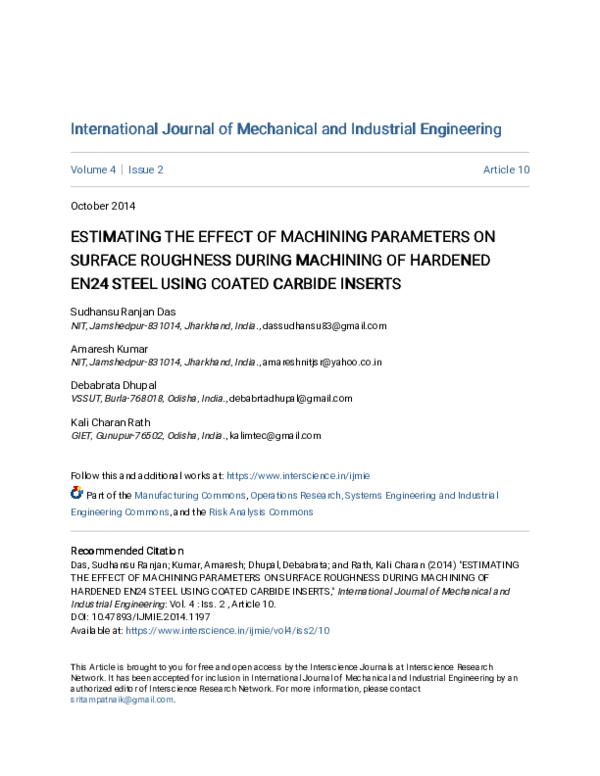 (PDF) Estimating the Effect of Machining Parameters on Surface Roughness During Machining of ...