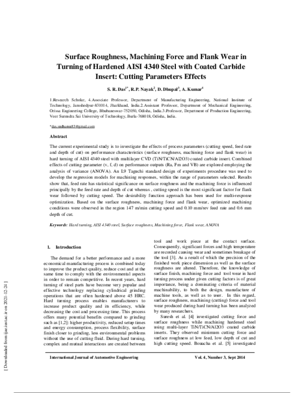 Pdf Surface Roughness Machining Force And Flank Wear In Turning Of