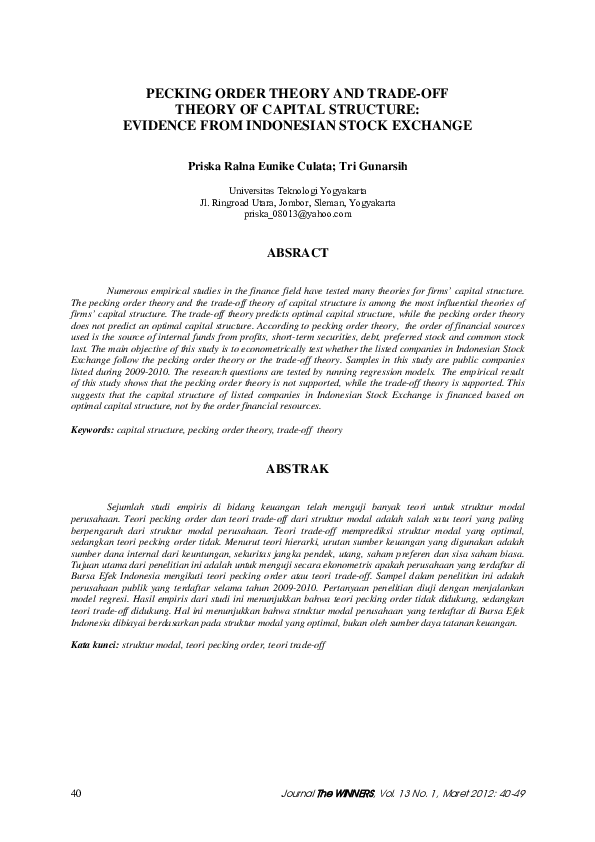 (PDF) Pecking Order Theory and Trade-Off Theory of Capital Structure: Evidence from Indonesian ...