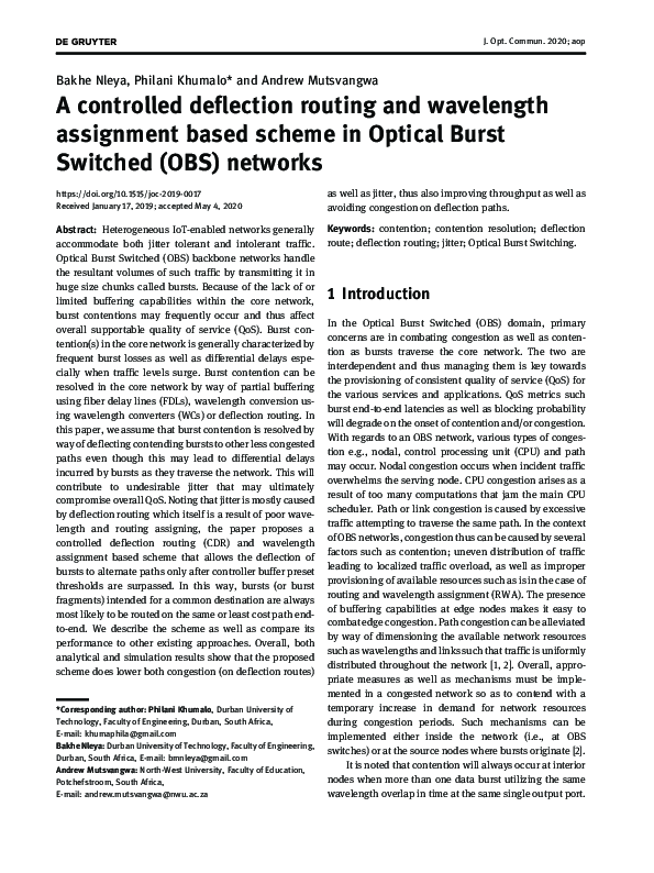 Pdf A Controlled Deflection Routing And Wavelength Assignment Based Scheme In Optical Burst