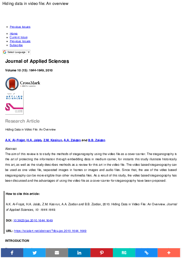 (PDF) Hiding Data in Video File: An Overview