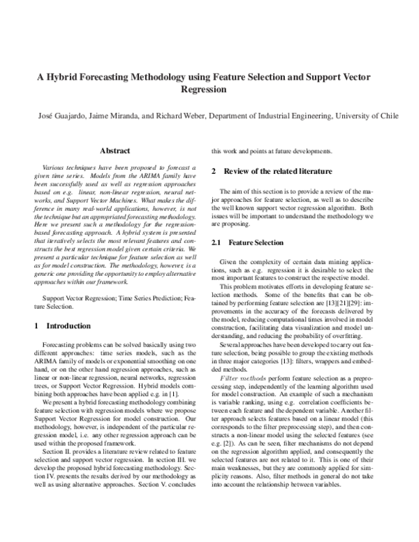 (PDF) A hybrid forecasting methodology using feature selection and support vector regression