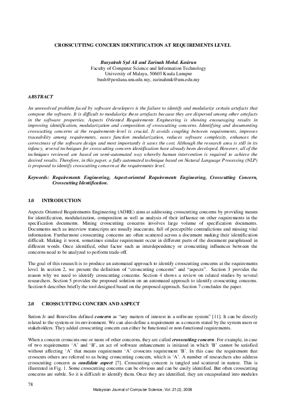 (PDF) Crosscutting concern identification at requirements level | Zarinah Kasirun - Academia.edu