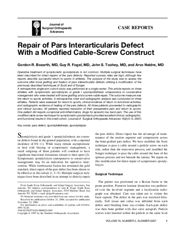 (PDF) Repair of pars interarticularis defect with a modified cable ...