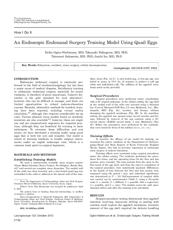 (PDF) An endoscopic endonasal surgery training model using quail eggs