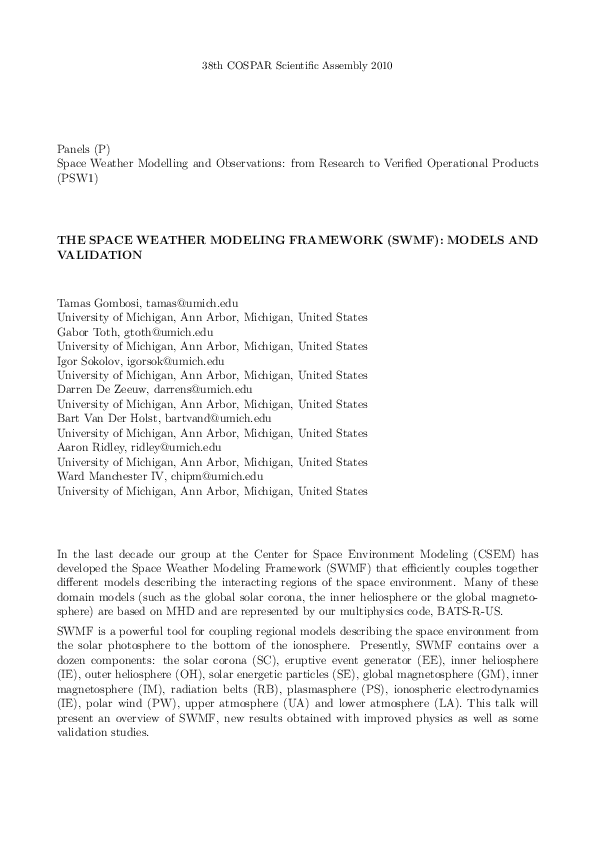 (PDF) The Space Weather Modeling Framework (SWMF): Models and Validation