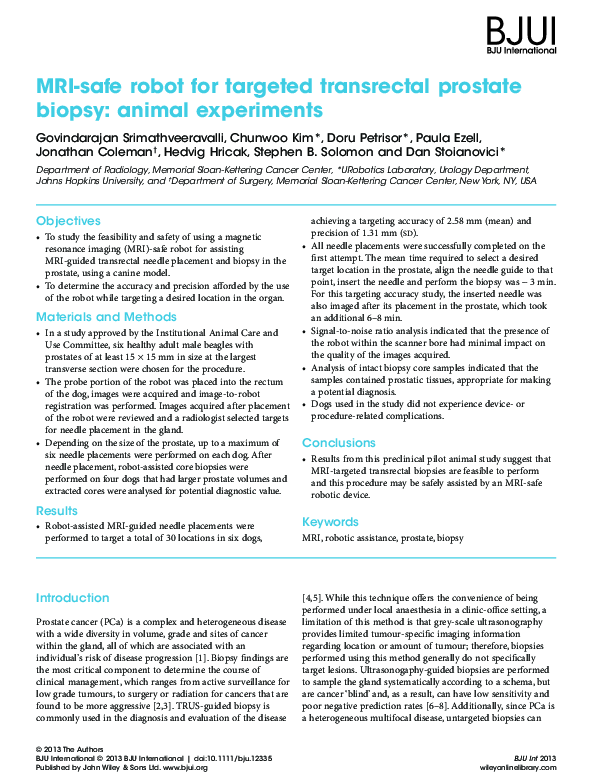 (PDF) MRI-safe robot for targeted transrectal prostate biopsy: animal ...