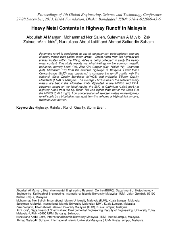 (PDF) Heavy metal contents in highway runoff in Malaysia