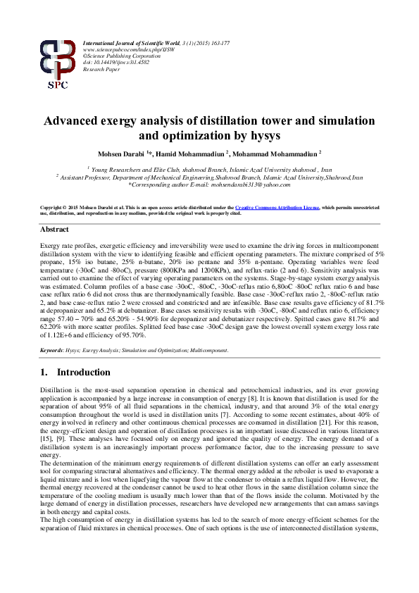 Pdf Advanced Exergy Analysis Of Distillation Tower And Simulation And Optimization By Hysys