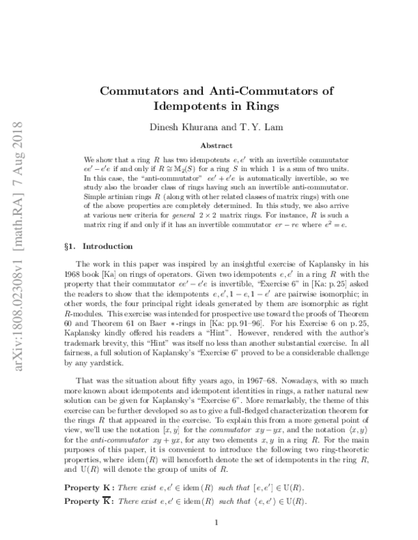 (PDF) Commutators and Anti-Commutators of Idempotents in Rings