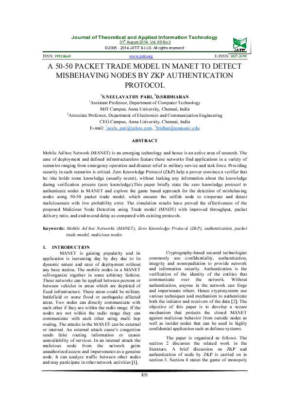 (PDF) A 50-50 Packet Trade Model in Manet to Detect Misbehaving Nodes by ZKP Authentication ...