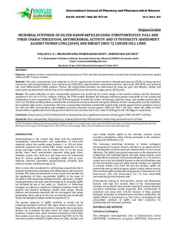 (PDF) Microbial Synthesis of Silver Nanoparticles Using Streptomyces Sp. PG12 and Their ...