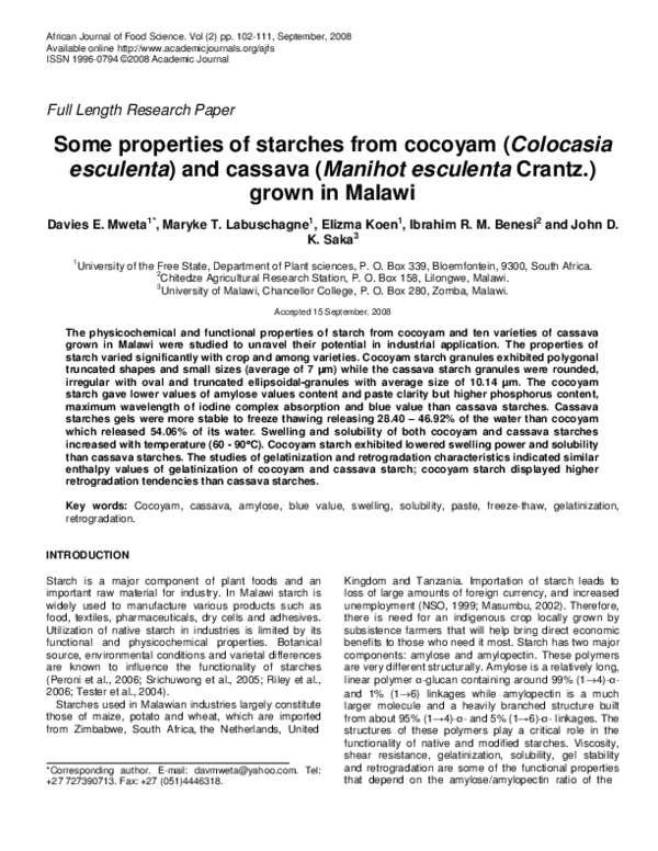 (PDF) Some properties of starches from cocoyam (Colocasia esculenta ...