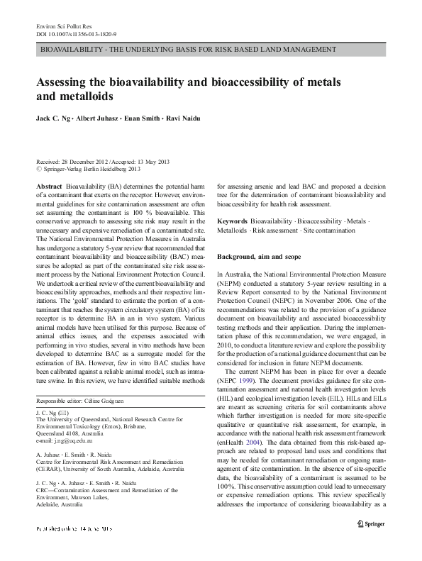 (PDF) Assessing the bioavailability and bioaccessibility of metals and ...