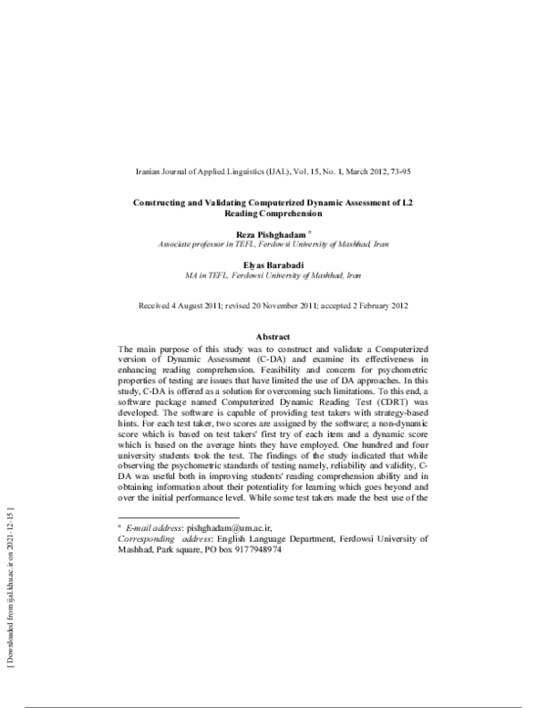 (PDF) Constructing and Validating Computerized Dynamic Assessment of L2 Reading Comprehension