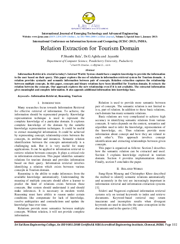 Pdf Relation Extraction For Tourism Domain Shanthi Bala P