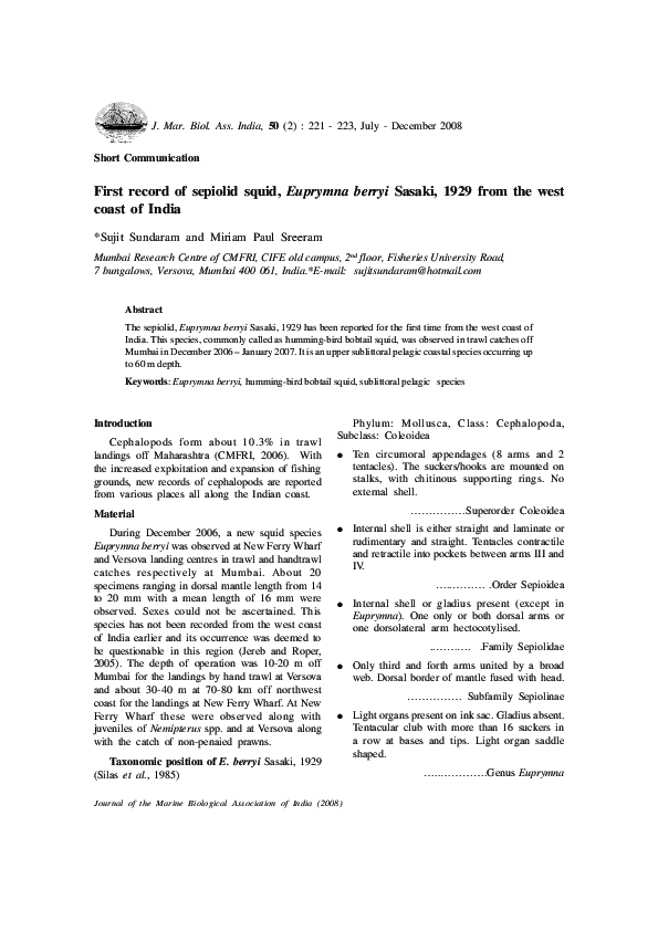 (PDF) First record of sepiolid squid, Euprymna berryi Sasaki, 1929 from ...