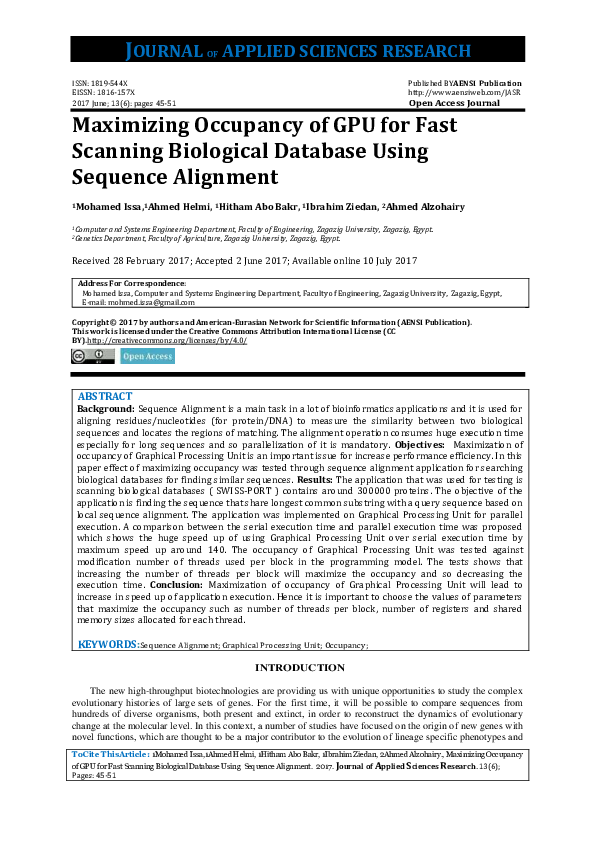 Pdf Maximizing Occupancy Of Gpu For Fast Scanning Biological Database Using Sequence Alignment 4336