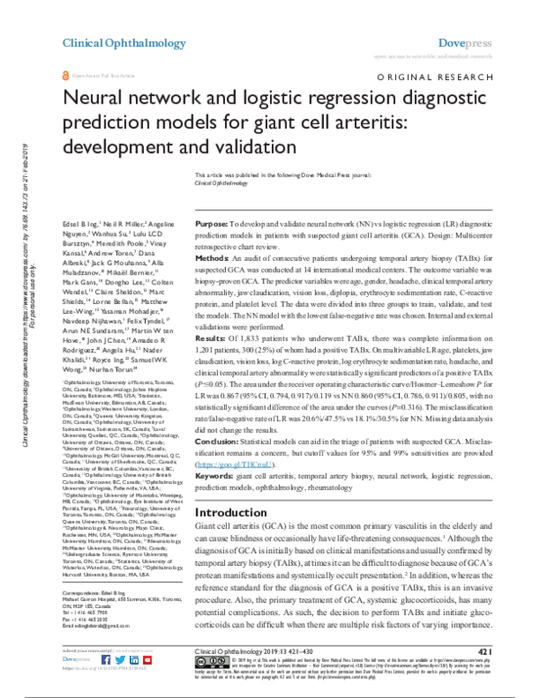 Pdf Neural Network And Logistic Regression Diagnostic Prediction Models For Giant Cell