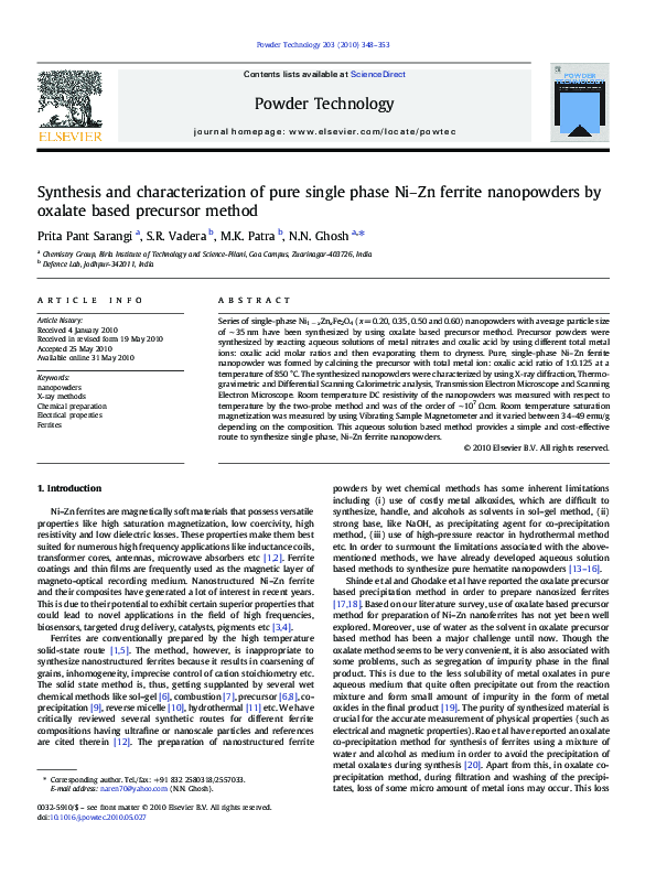 (PDF) Synthesis and characterization of pure single phase Ni–Zn ferrite nanopowders by oxalate ...