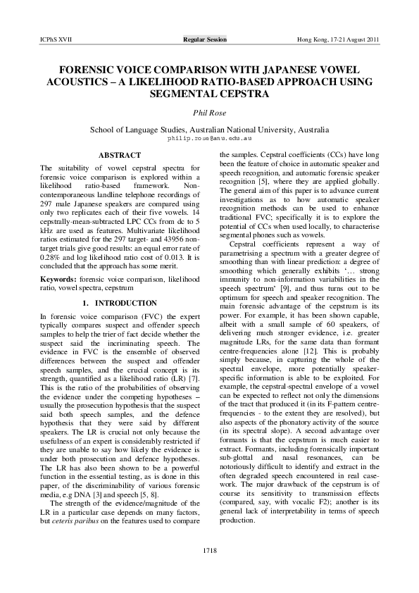 Pdf Forensic Voice Comparison With Japanese Vowel Acoustics A Likelihood Ratio Based