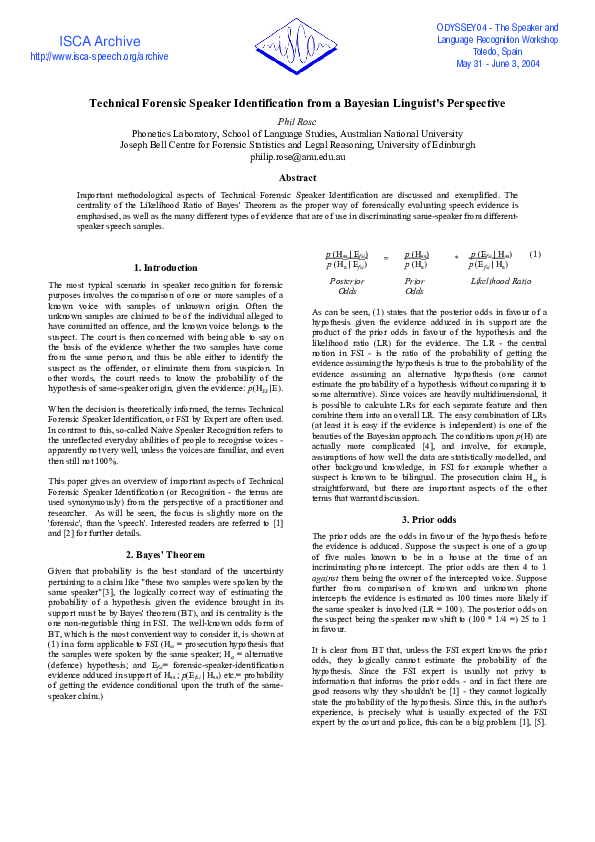 Pdf Technical Forensic Speaker Identification From A Bayesian Linguists Perspective