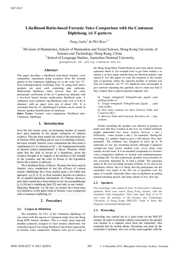 Pdf Likelihood Ratio Based Forensic Voice Comparison With The Cantonese Diphthong Ei F Pattern