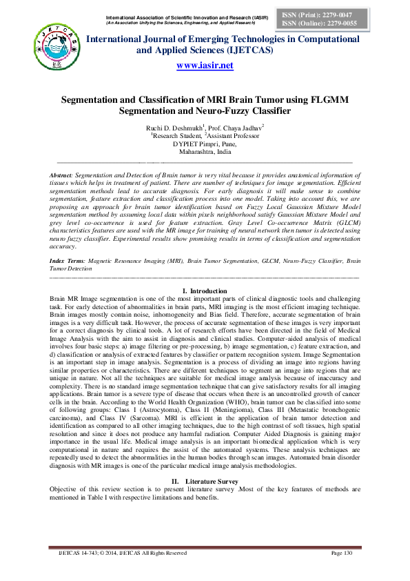 Pdf Segmentation And Classification Of Mri Brain Tumor Using Flgmm Segmentation And Neuro