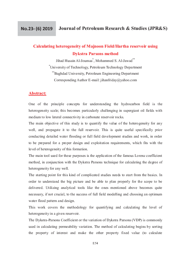 (PDF) Calculating heterogeneity of Majnoon Field/Hartha reservoir using ...