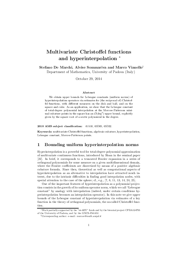 (PDF) Multivariate Christoffel functions and hyperinterpolation