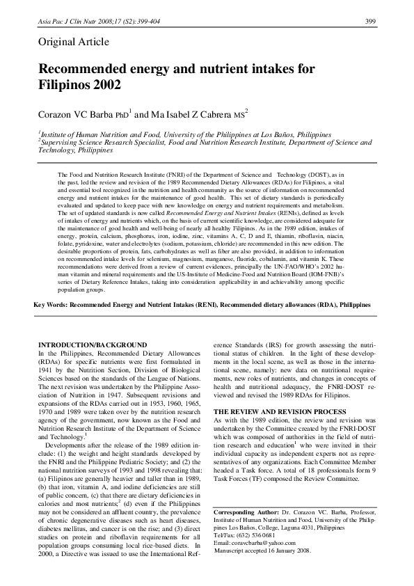 (PDF) Recommended energy and nutrient intakes for Filipinos 2002