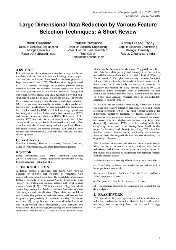 Pdf Large Dimensional Data Reduction By Various Feature Selection