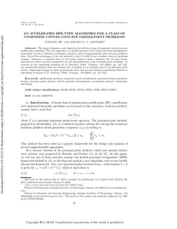 Pdf An Accelerated Hpe Type Algorithm For A Class Of Composite Convex Concave Saddle Point