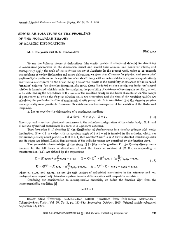 (PDF) Singular solutions of the problems of the nonlinear theory of elastic dislocations