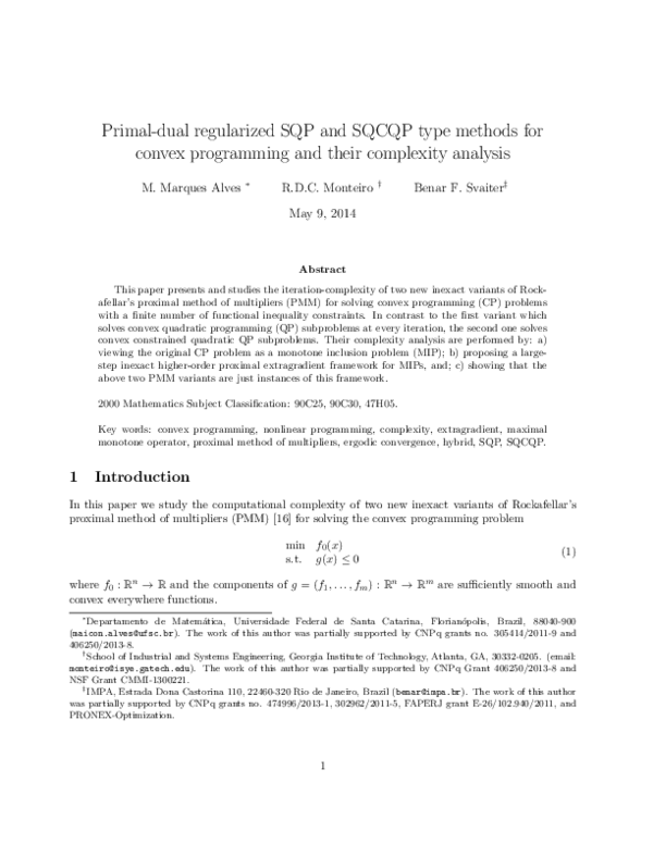 Pdf Primal Dual Regularized Sqp And Sqcqp Type Methods For Convex Programming And Their 