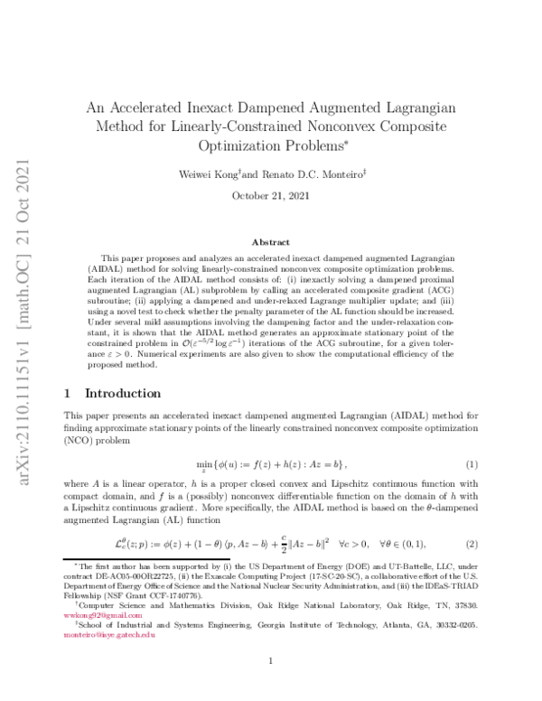 Pdf An Accelerated Inexact Dampened Augmented Lagrangian Method For Linearly Constrained