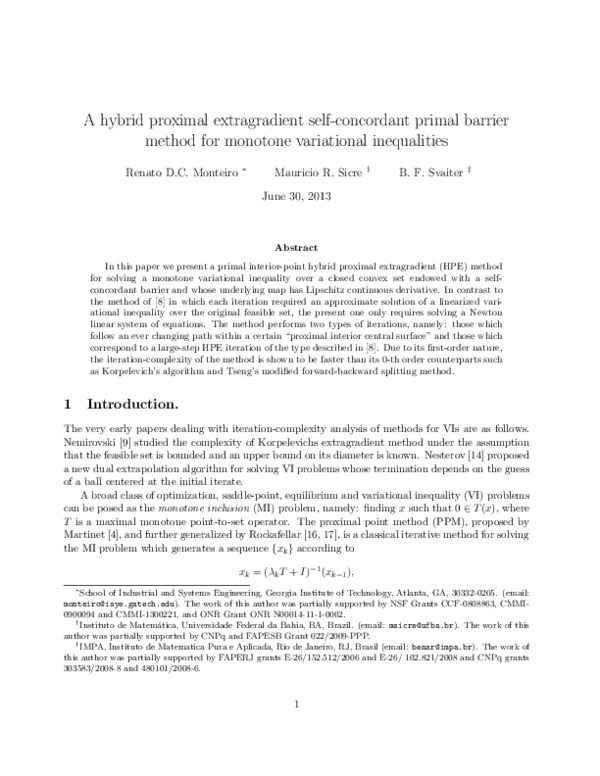 Pdf A Hybrid Proximal Extragradient Self Concordant Primal Barrier