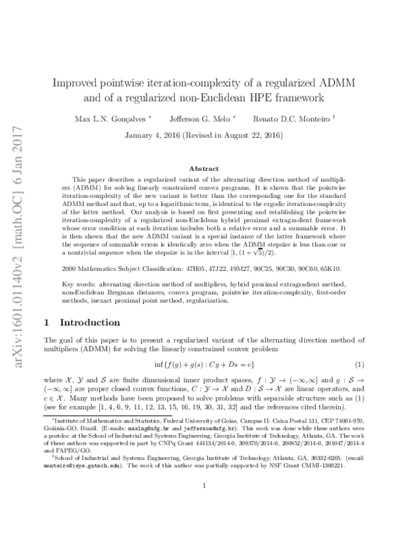 Pdf Improved Pointwise Iteration Complexity Of A Regularized Admm And