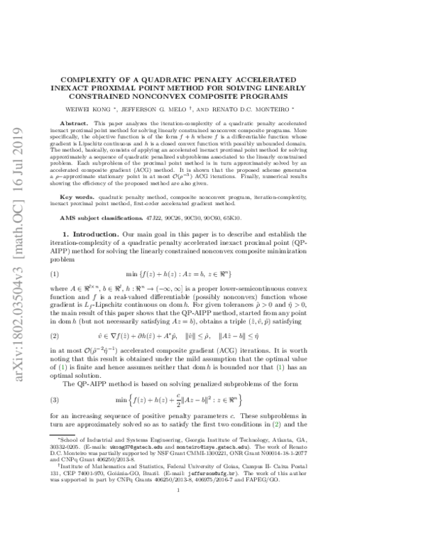 Pdf Complexity Of A Quadratic Penalty Accelerated Inexact Proximal