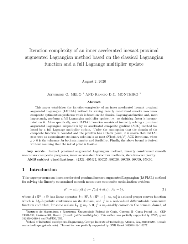 Pdf Iteration Complexity Of An Inner Accelerated Inexact Proximal Augmented Lagrangian Method