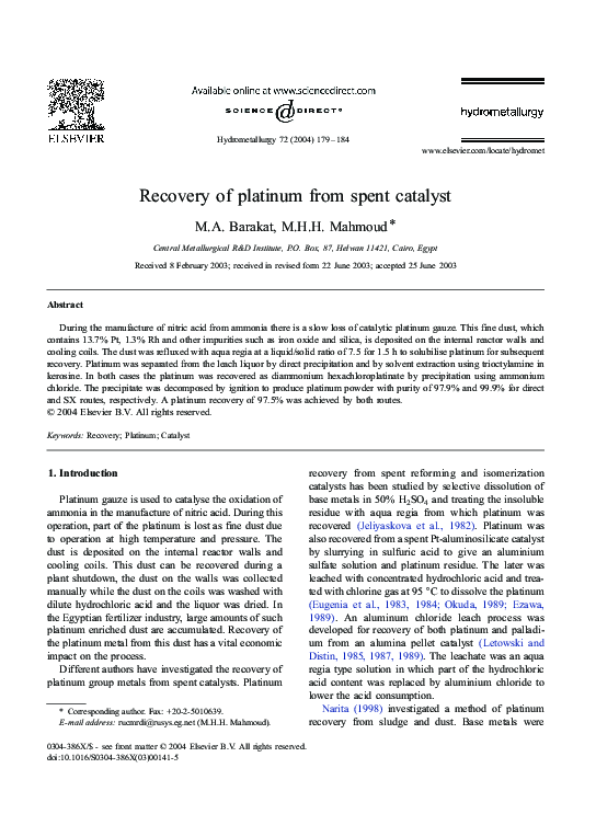 (PDF) Recovery of platinum from spent catalyst