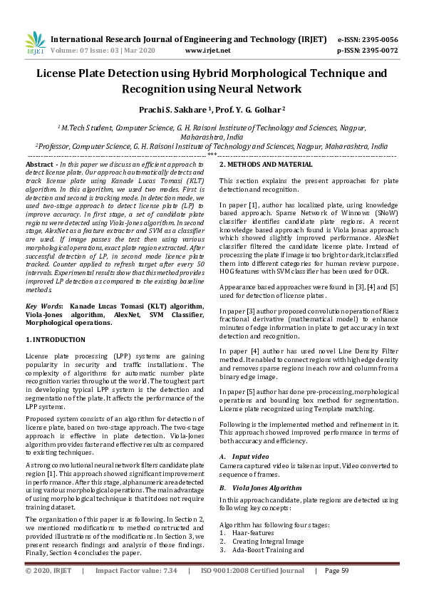 Pdf License Plate Detection Using Hybrid Morphological Technique And Recognition Using Neural